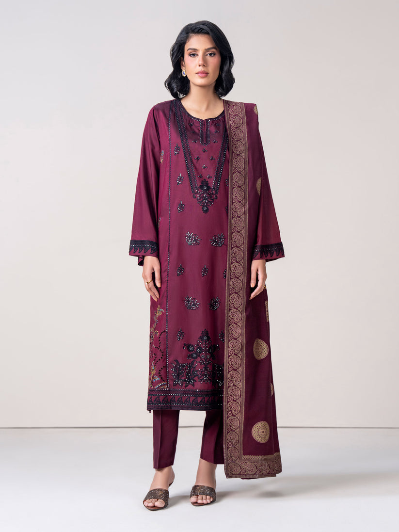 3 Piece Raw Silk Suit- Embroidered (Pret) – Limelightpk